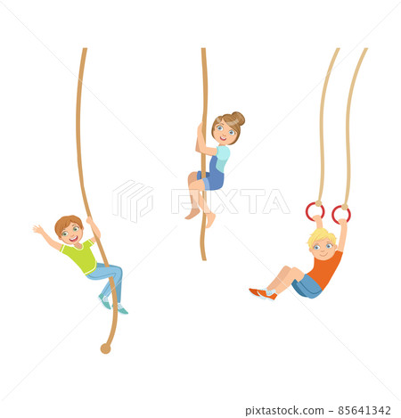 Little Kids Hanging on Rope and Ring Swinging... - Stock Illustration ...