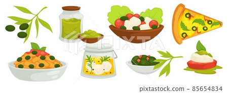 Olives based food and dishes with ingredients - Stock Illustration ...