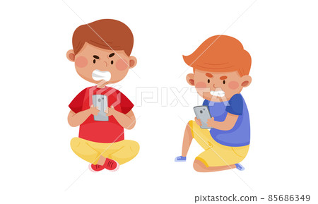Angry boys using mobile phones. Internet and... - Stock Illustration ...