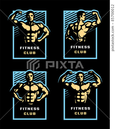 Bodybuilding logos set on a dark background.... - Stock Illustration ...