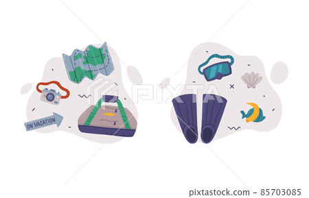Camera, Map and Flippers as Travel and Tourist... - Stock Illustration ...