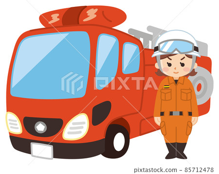 Firefighter woman and ladder fire engine - Stock Illustration [85712478 ...