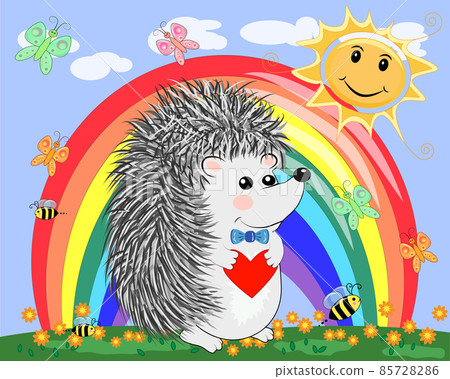 Lovely cartoon hedgehog near the seven-colored... - Stock Illustration ...