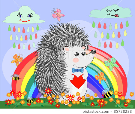 Lovely cartoon hedgehog near the seven-colored... - Stock Illustration ...