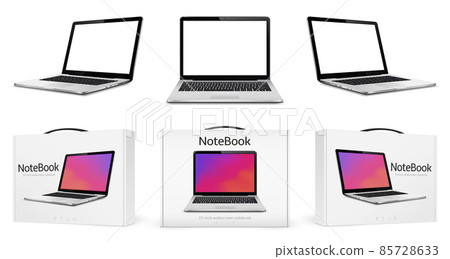Notebook computer and boxes mock up isolated - Stock Illustration ...