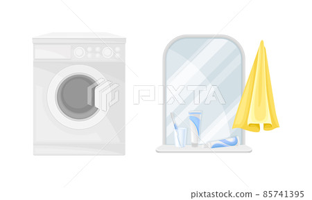 Bath equipment set. Washing machine, mirror and... - Stock Illustration ...