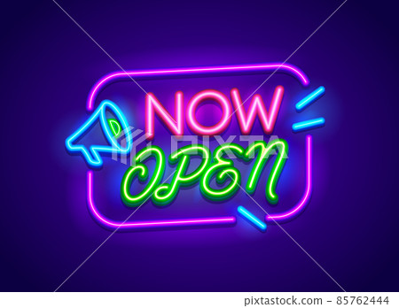 Now Open Banner, Neon Glowing Signboard with... - Stock Illustration ...