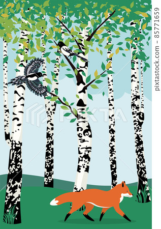 Summer birch trees and animals - Stock Illustration [85771659] - PIXTA