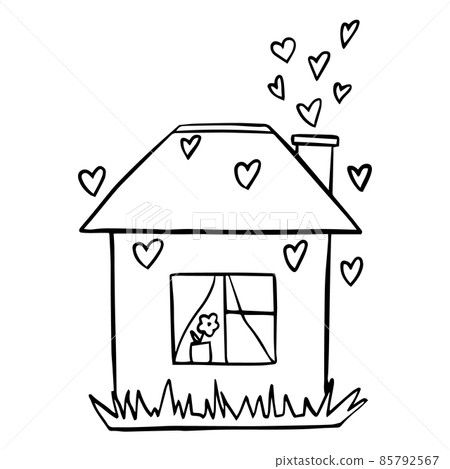 A cute house and hearts all around. Contour... - Stock Illustration ...