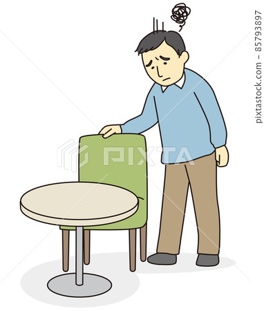 A man trying to sit in a chair in a reluctant... - Stock Illustration ...