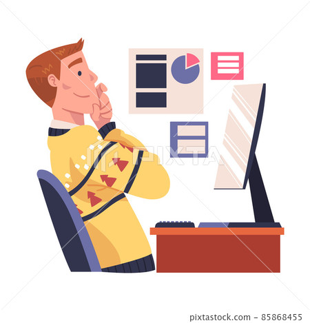 Man Character Sitting at Computer Screen... - Stock Illustration ...