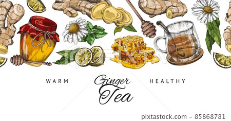 Ginger tea seamless banner with honey, mint... - Stock Illustration ...