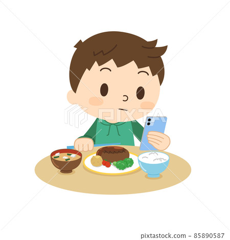 A boy looking at a smartphone while eating - Stock Illustration ...