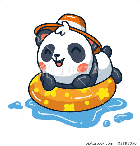 Cute panda cartoon swimming on pool ring...-插圖素材 [85899056] - PIXTA圖庫