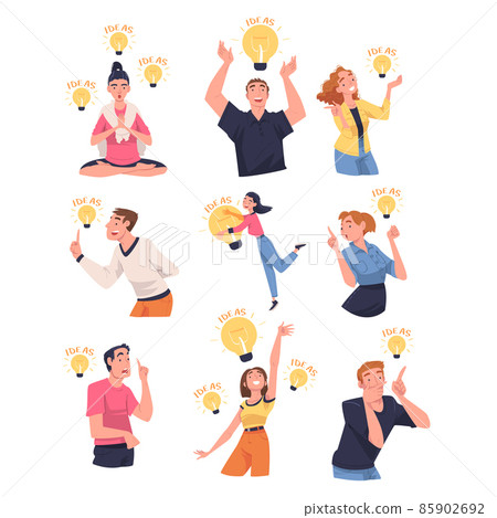 People Character Having Idea with Yellow Light... - Stock Illustration ...