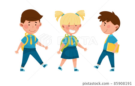 Cute kids in blue school uniform set. Smiling... - Stock Illustration ...