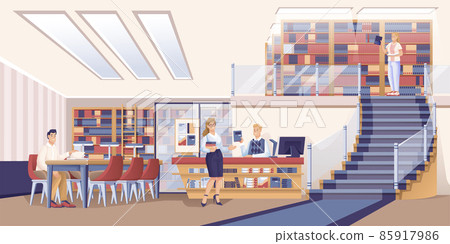 People at library scene. Librarian working at... - Stock Illustration ...