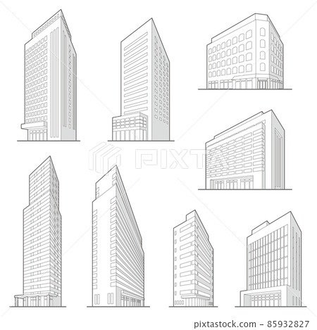 Vector illustrations of various buildings. Line... - Stock Illustration ...