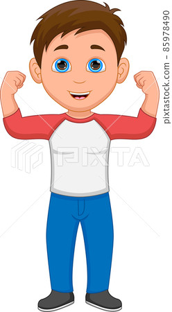 cartoon cute boy muscle pose on white background - Stock Illustration ...