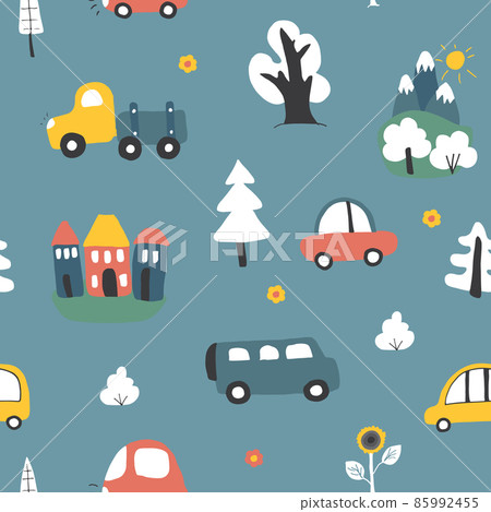 Cute Cars Seamless Pattern, Cartoon... - Stock Illustration [85992455 ...