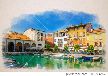Watercolor drawing of Desenzano del Garda Old... - Stock Illustration ...