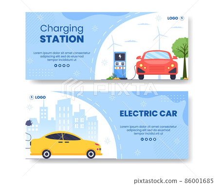 Charging Electric Car Batteries Banner Template... - Stock Illustration ...