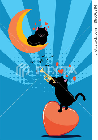 Black cat play trumpet for cat on moon - Stock Illustration [86006894 ...