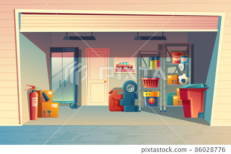 Vector cartoon illustration of garage interior - Stock Illustration ...