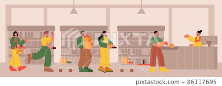 Queue in store, unhappy customers stand in line - Stock Illustration ...