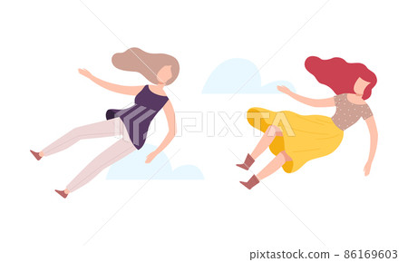 Flying Woman Floating in the Air and Cloud... - Stock Illustration ...