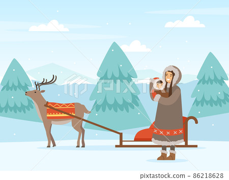 Eskimo Indigenous Woman with Kid Near Deer and... - Stock Illustration ...