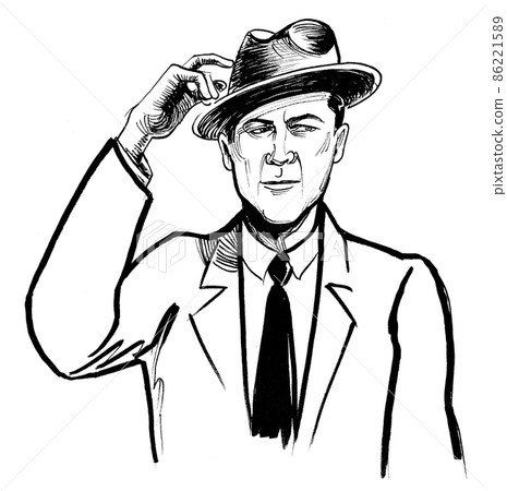 Man in suit raising his hat for greetings. ink... - Stock Illustration ...