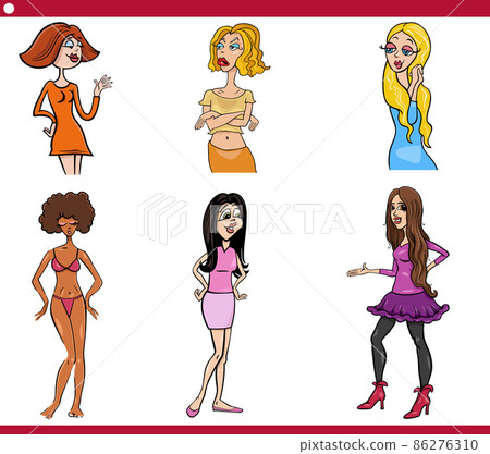 cartoon woman funny characters caricature set - Stock Illustration ...