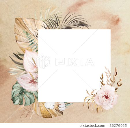 Watercolor Bohemian square frame with dried... - Stock Illustration ...