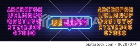 Be happy neon sign on brick wall background. - Stock Illustration ...