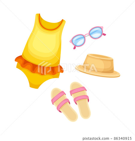 Beach summer clothes for girl set. Sunglasses,... - Stock Illustration ...