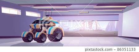 Rover in hangar and drilling rig outside - Stock Illustration [86351133 ...