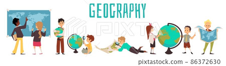 Geography class banner with kids studying the... - Stock Illustration ...