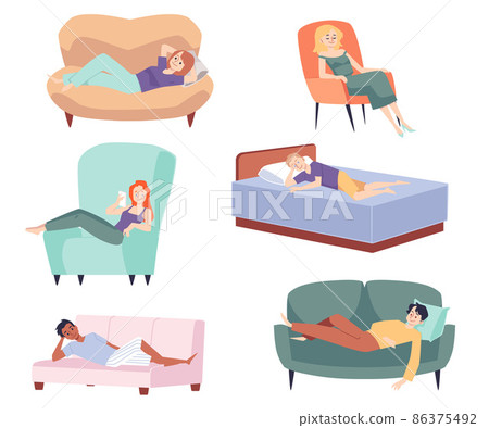 Lazy people relax on the couch, sofa and bed - Stock Illustration ...
