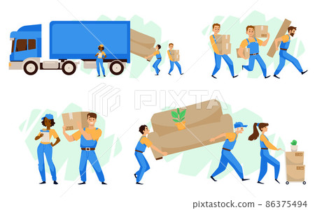 Move company vector illustration set. Movers in... - Stock Illustration ...