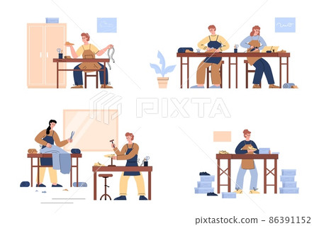 Shoes manufacturing set with cartoon people,... - Stock Illustration ...