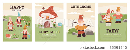 Cute garden gnomes poster collection, birthday... - Stock Illustration ...