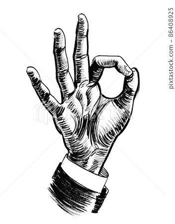 Hand making okay sign. Ink black and white drawing - Stock Illustration ...