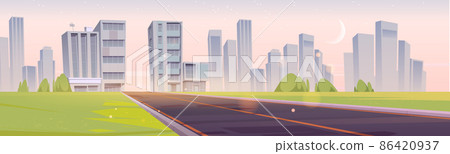 Empty highway road to city early morning landscape - Stock Illustration ...