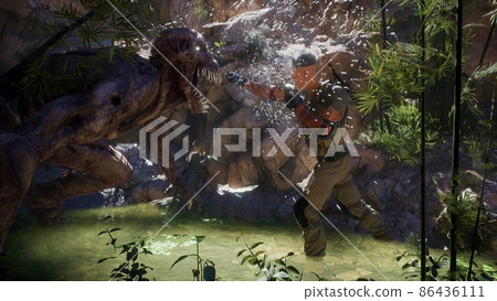 A brave soldier fights a nightmarish monster in...-插圖素材 [86436111 ...