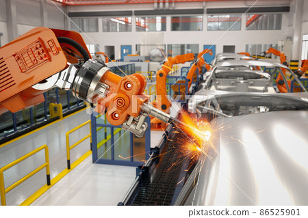 Automation robot assembly line in car factory - Stock Illustration ...