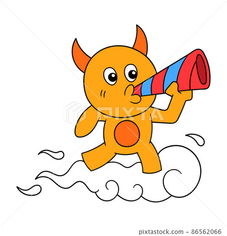 little devil is flying above the clouds blowing...-插圖素材 [86562066 ...