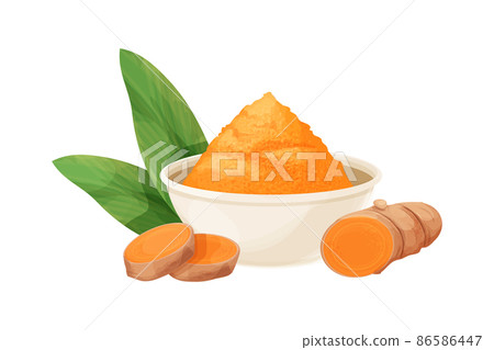 Turmeric, curcuma dry powder in bowl in cartoon... - Stock Illustration ...