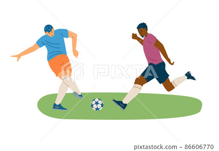Two men in uniform kick and pass the ball... - Stock Illustration ...