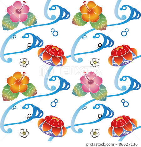 Bingata seamless pattern, hibiscus and flower... - Stock Illustration ...